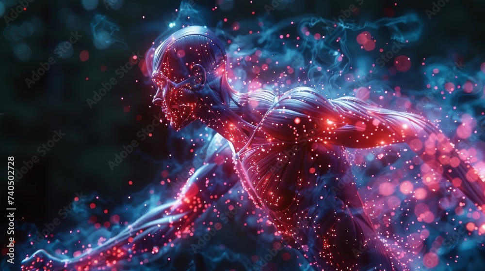 Low poly muscular system with electrostimulation wearables depicted in ...