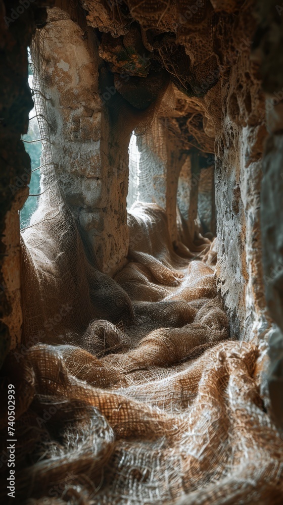 Microscopic view of jute fibers resembling an ancient overgrown temple ...