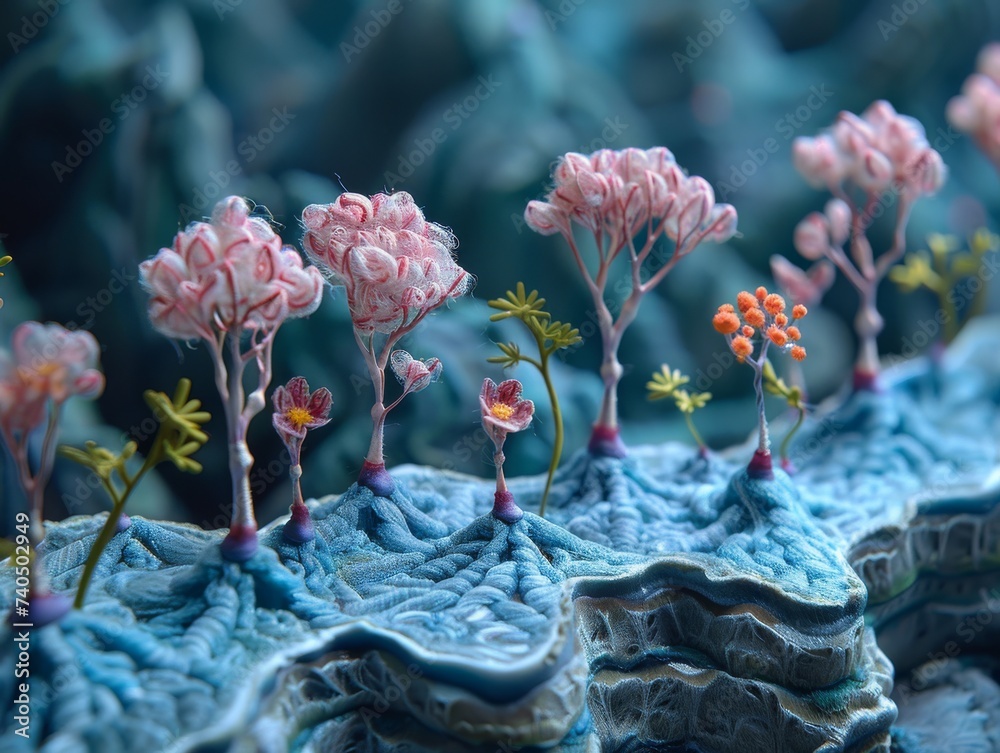 Microscopic wool fibers entangled with microscopic sprouts of a tiny ...