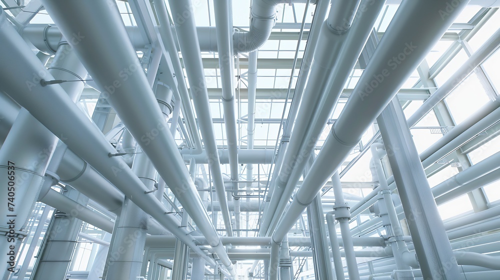 Tangled web of metal pipes and beams indoors for industrial area with ...