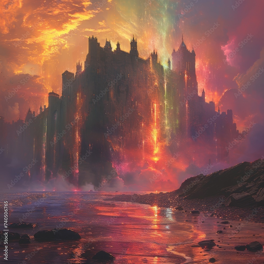 Obsidian castle shimmering with a rainbow moat reflecting a spectrum of ...