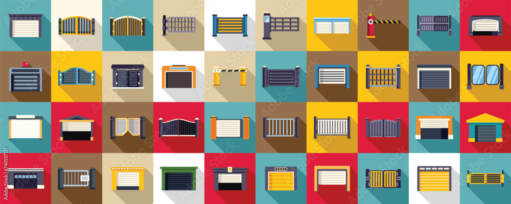 Automatic gates icons set flat vector. Security car. Industrial ...