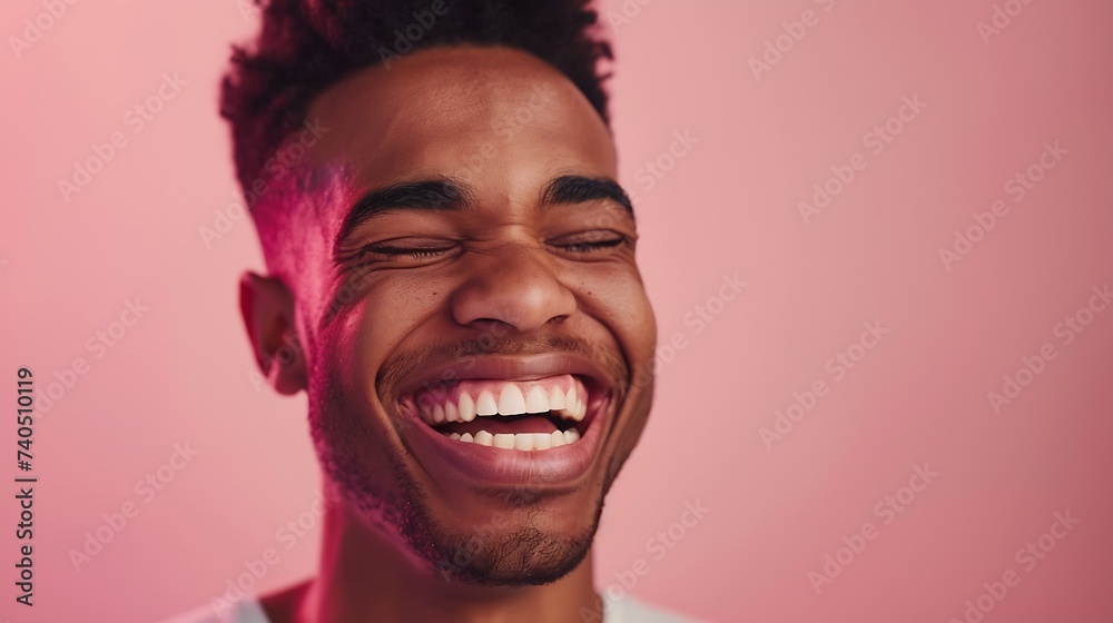 Handsome unshaven young darkskinned male laughing out loud at funny ...