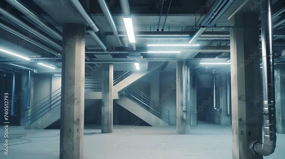 Empty basement of modern building with concrete columns and stairs with ...