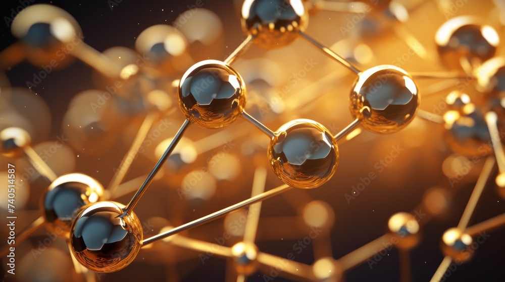 Abstract close-up photo of a golden structure of a molecule with atoms ...