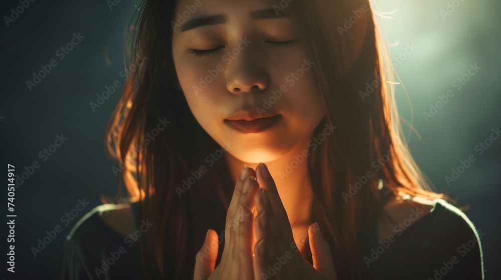 Faithful woman closes eyes and keeps hands on chest near heart shows ...