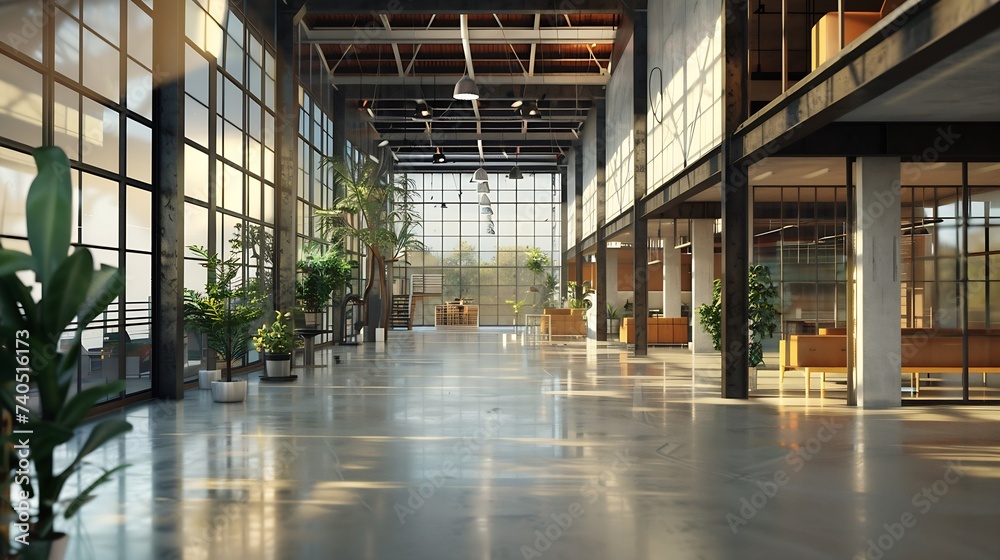 Industrial building warehouse interior with polished concrete floor and ...
