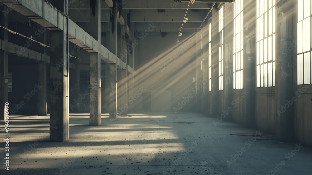 Empty industrial building with cement floors, rib-shaped beams of ...