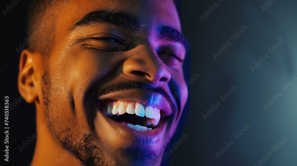 Handsome unshaven young darkskinned male laughing out loud at funny ...