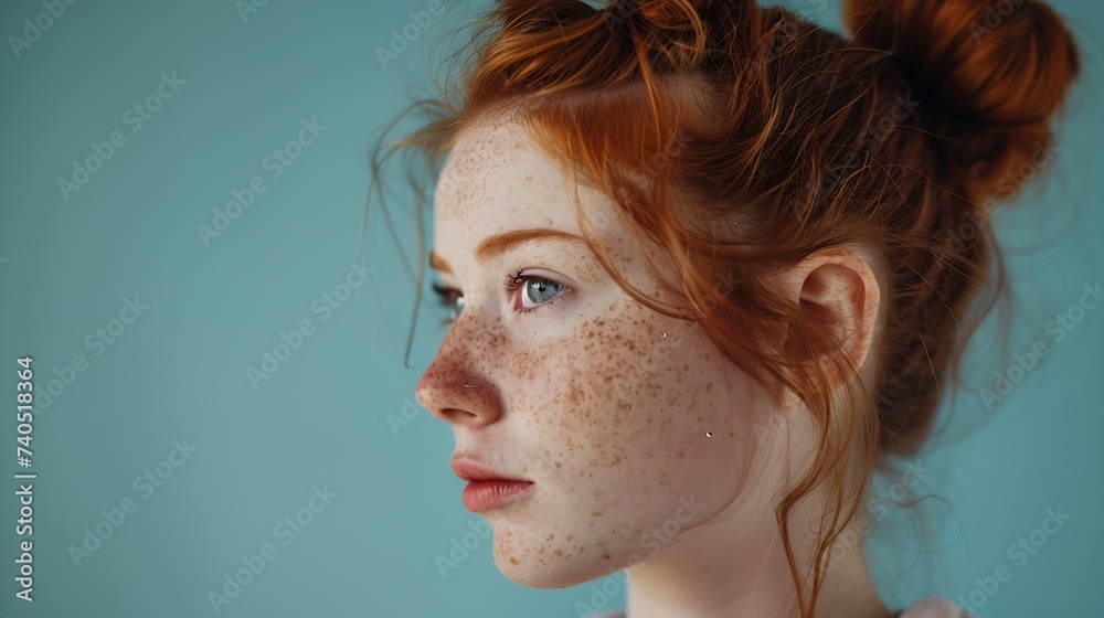 Hmm Let me think Studio shot of cute redhead girl with hair knot and ...