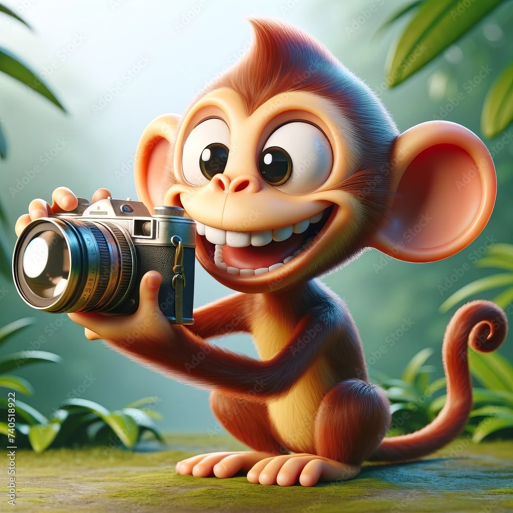 An animated monkey with a big smile holding a vintage camera, ready to ...