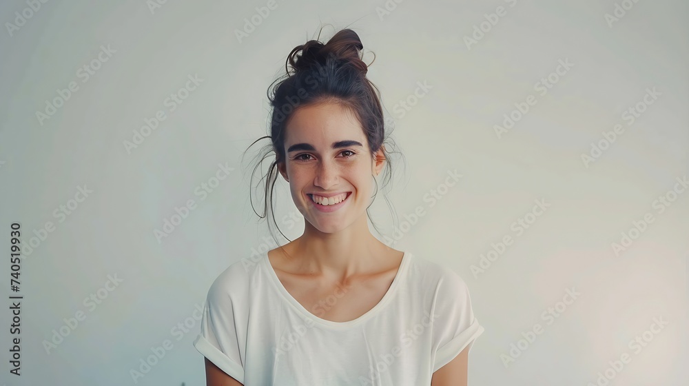Smiling positive female with attractive look wearing loose white Tshirt ...