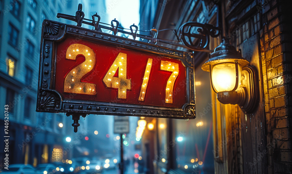 Illuminated vintage '24/7' sign hanging on a rainy evening, glowing ...