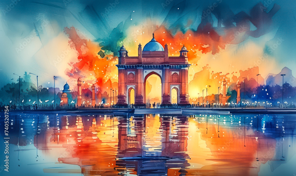 Watercolor Painting of India Gate and Vibrant Sunset Sky Reflected in ...