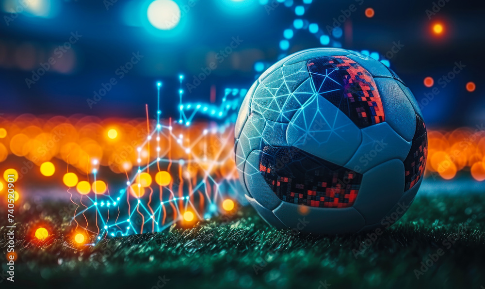 Dynamic soccer ball on field with digital analysis graphics, depicting ...