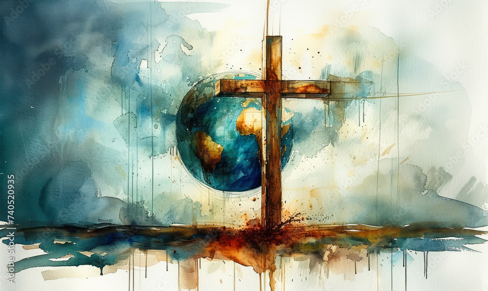 Watercolor painting of Earth cradled by a Christian cross, representing ...