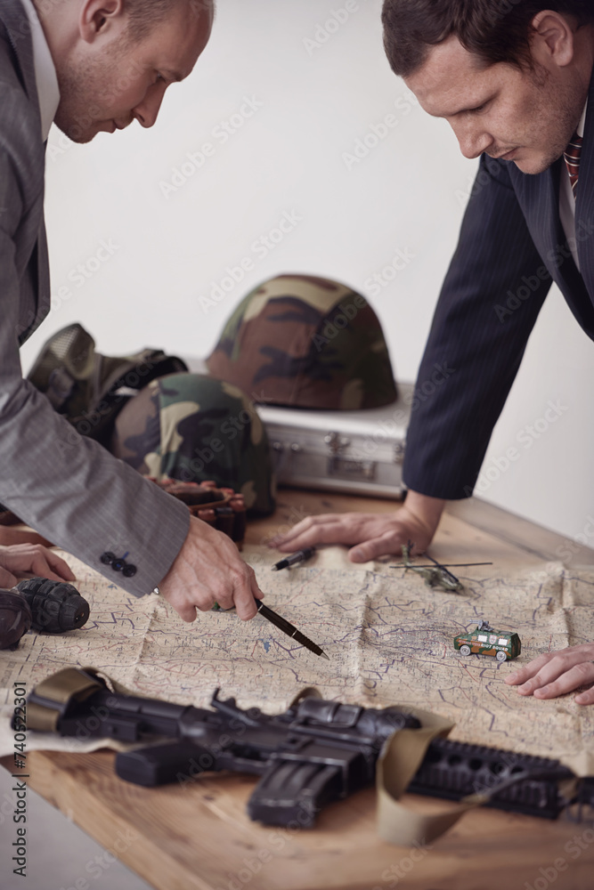 Planning, map and men soldiers in military in discussion for war ...