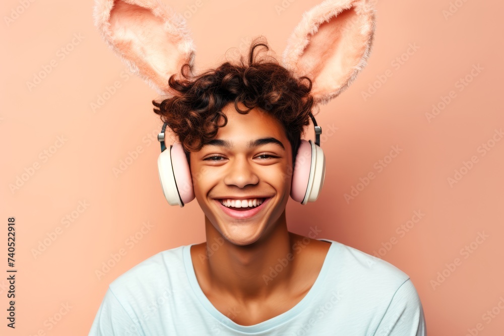 Indigenous boy, aged 15, smiling warmly with bunny ears on his head ...