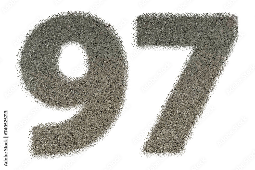 The shape of the number 97 is made of sand isolated on transparent ...