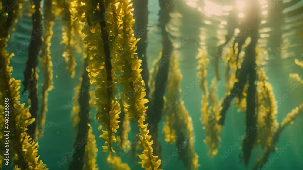 a group of seaweed gracefully floating in the water, creating a vibrant ...