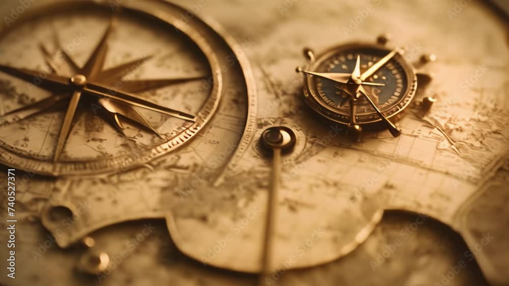 Detailed view of an antique compass resting on a vintage world map ...