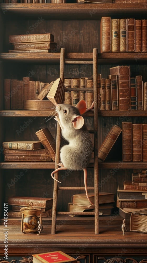Cartoon digital avatar of a mouse librarian standing on a ladder ...
