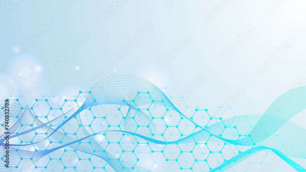 Modern science background with lines, dots and hexagons. Wave flow ...