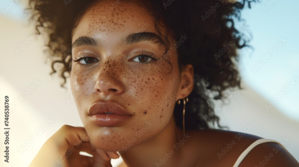beauty shot of a brown woman with freckles and pimples imperfect skin ...