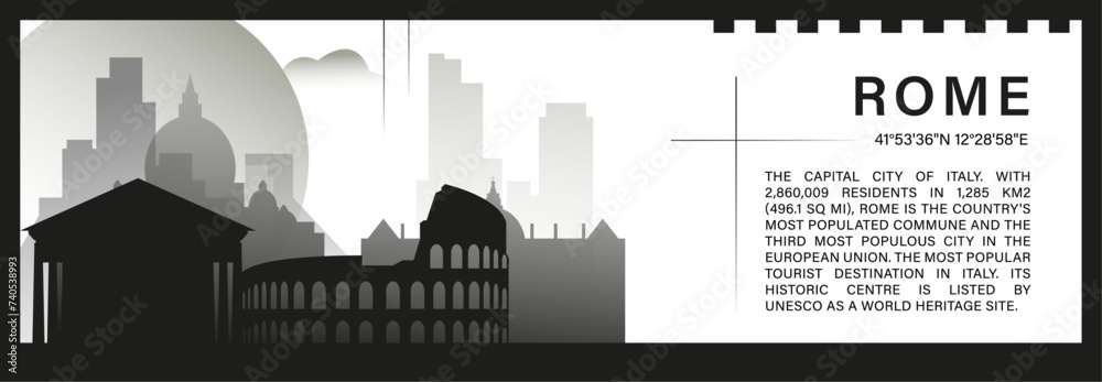Rome skyline vector banner, black and white minimalistic cityscape ...