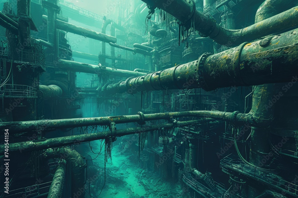 This photo showcases an underwater scene containing a network of pipes ...