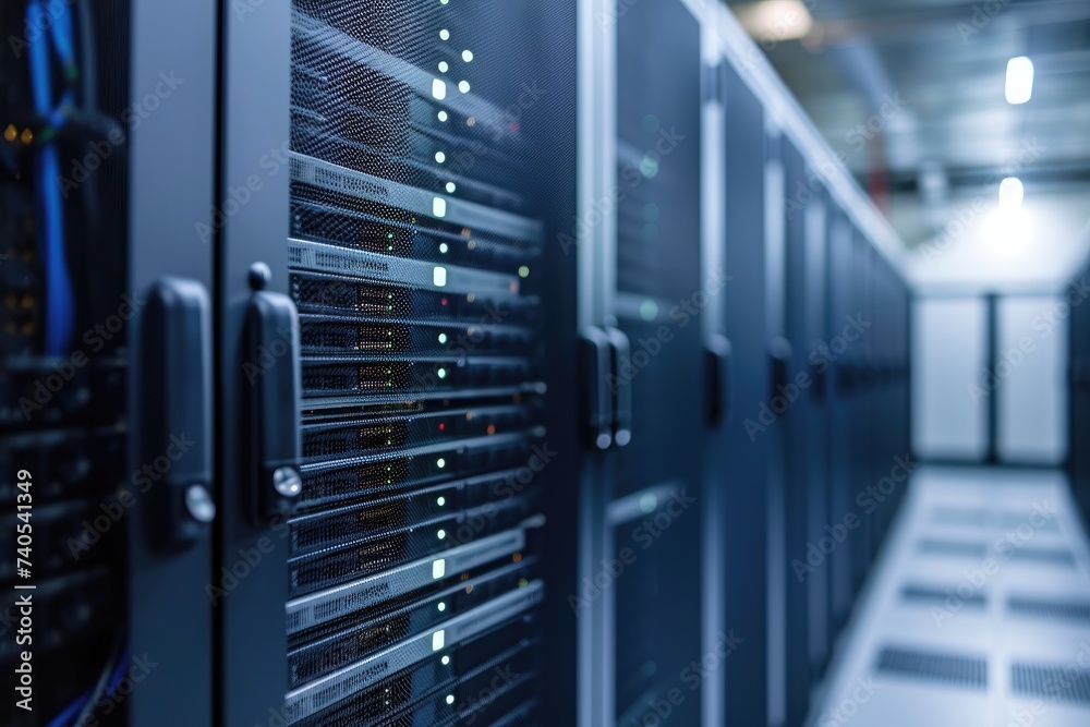 A row of neatly organized high-efficiency servers with blinking lights ...