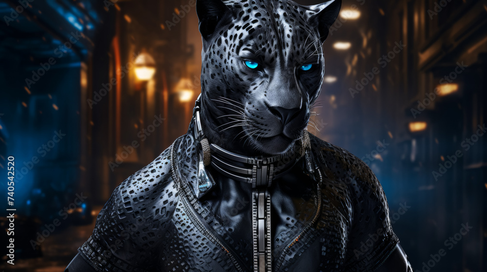 Visualize a sleek panther in a tailored jumpsuit, accentuated by ...