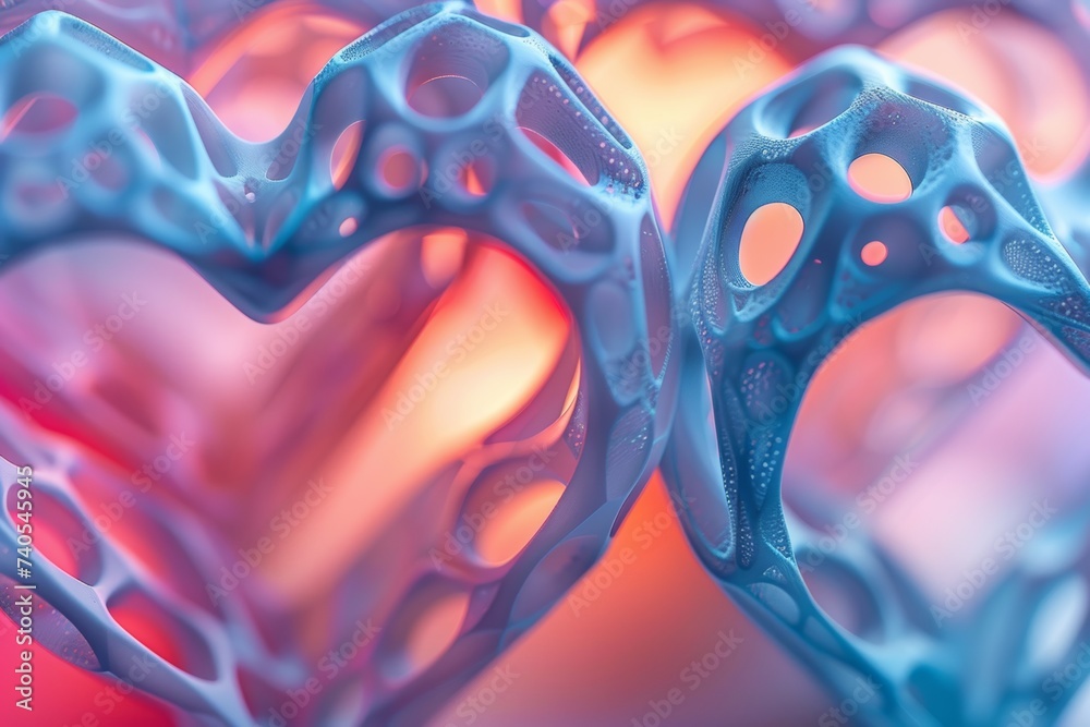 A close-up of abstract, 3D printed heart shapes with a lattice ...
