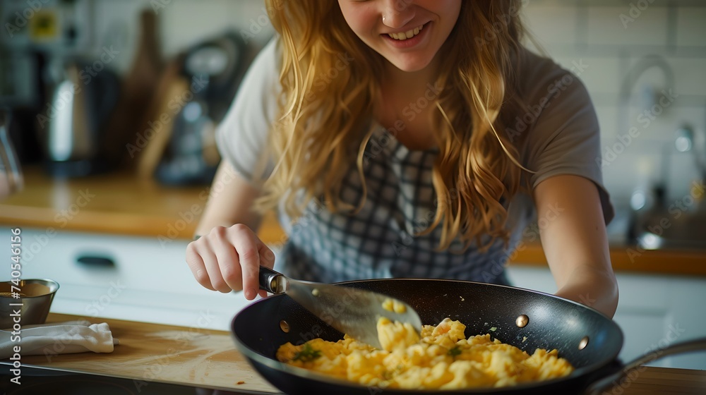 Smiling woman cooking scrambled eggs in a modern kitchen. casual ...