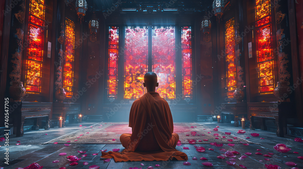 Monk meditating neon art light moon universe , Skeletal figure ...