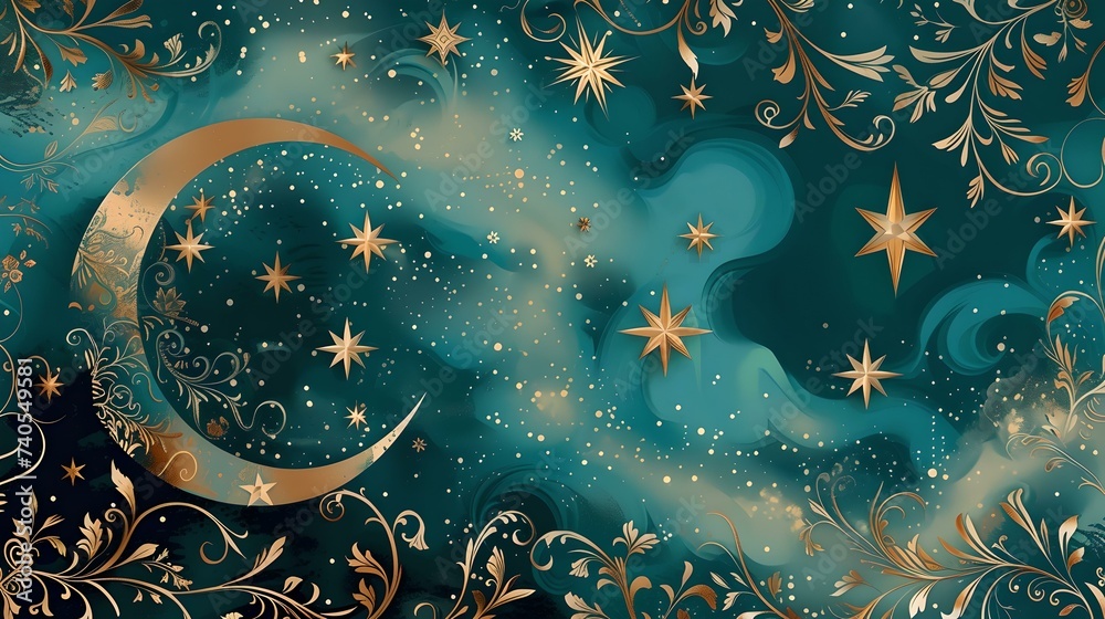 Mystical night sky with golden moon and stars, dreamy celestial digital ...