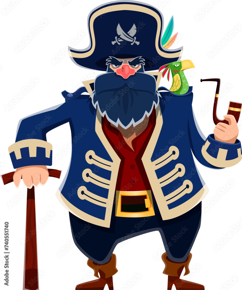 Cartoon old pirate captain. Corsair sailor character with smoking pipe ...