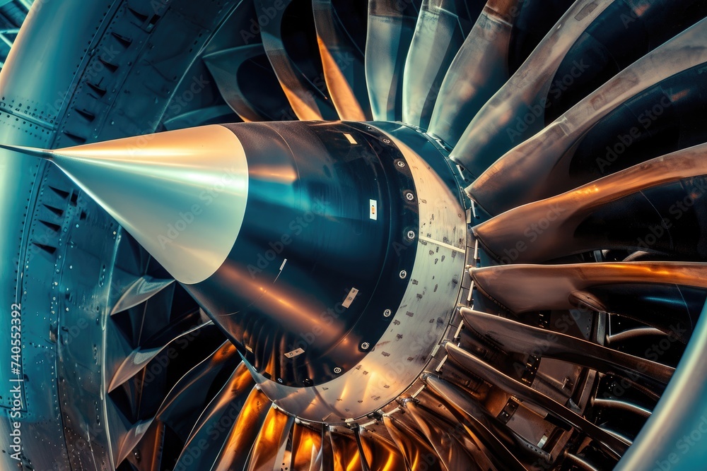 This close-up photograph captures the intricate details of a jet engine ...