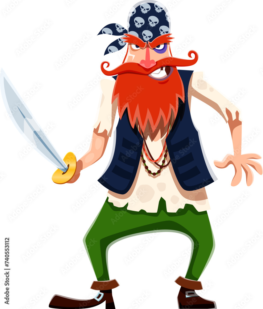 Cartoon red bearded danger pirate corsair sailor character with long ...