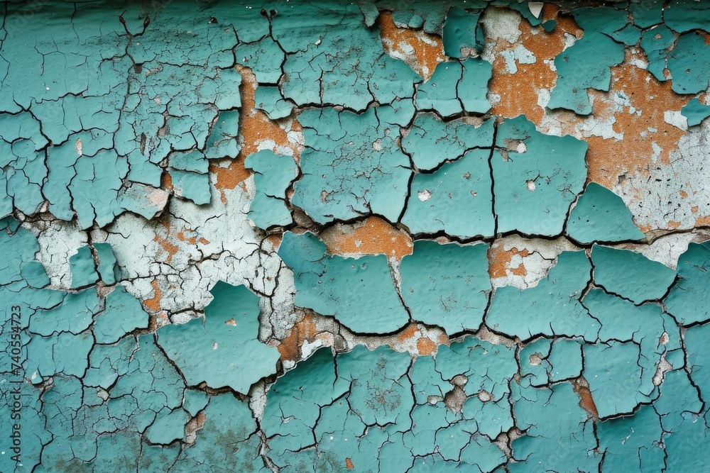 A detailed view of the deteriorating paint on an old wall, revealing ...