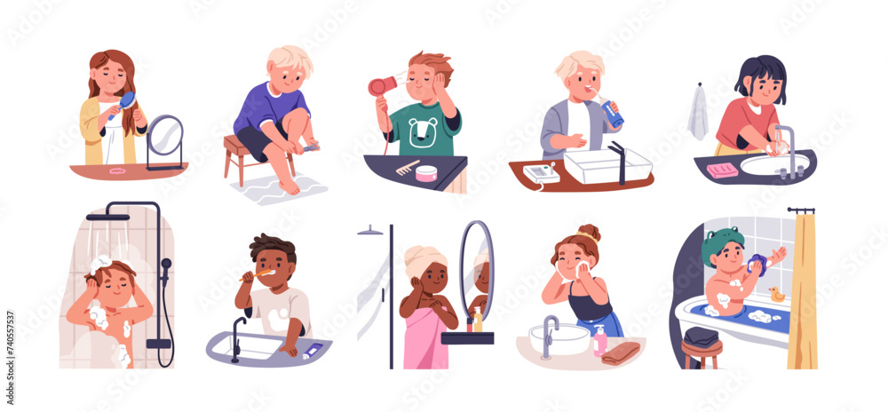 Kids hygiene routine set. Children, girls and boys washing hands with ...