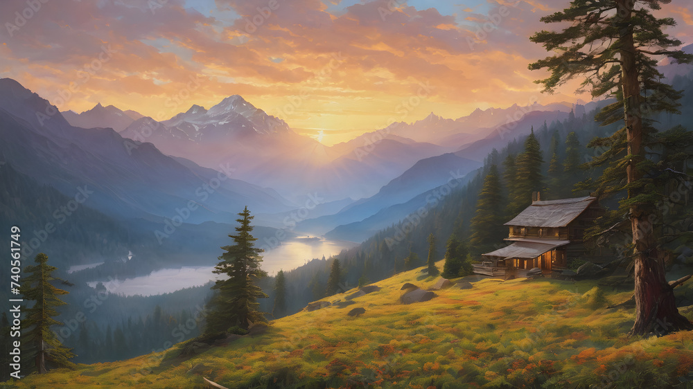 a beautiful and highly detailed bright colors drawing of the Sierra ...