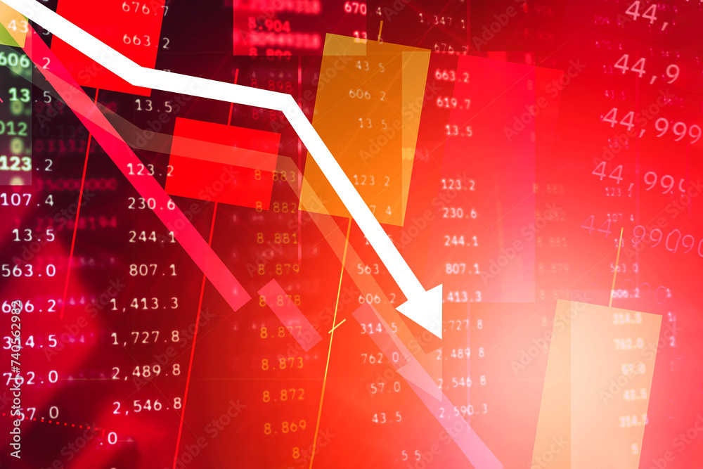 Stock market crash with arrow going down and red graph decreasing ...