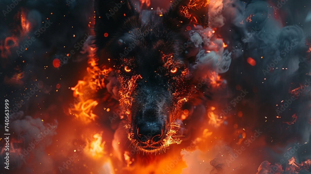 Hellhound bursting from flames eyes glowing with mysterious energy in a ...