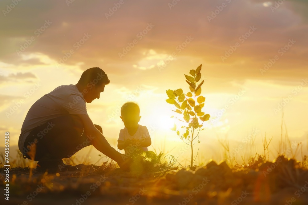 Father and son planting tree, concept of world environment day, Earth ...