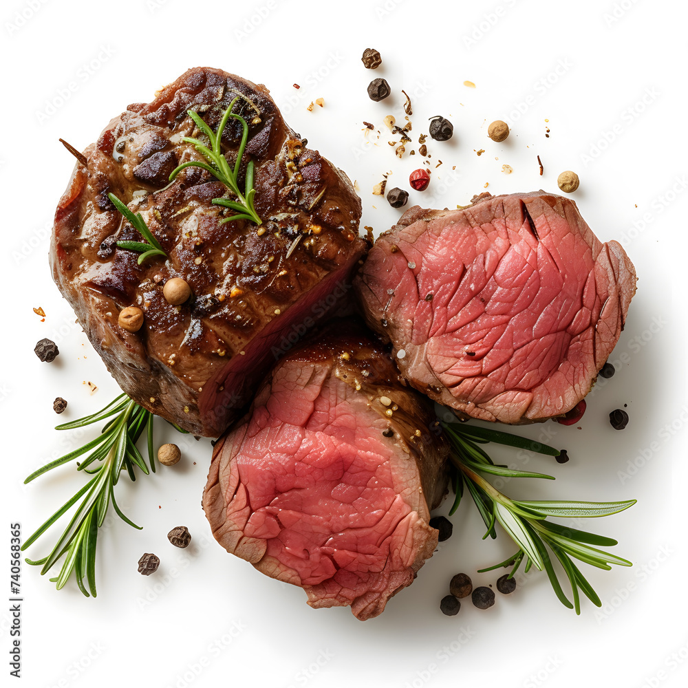 Roasted beef tenderloin steak with rosemary and coarse pepper isolated ...