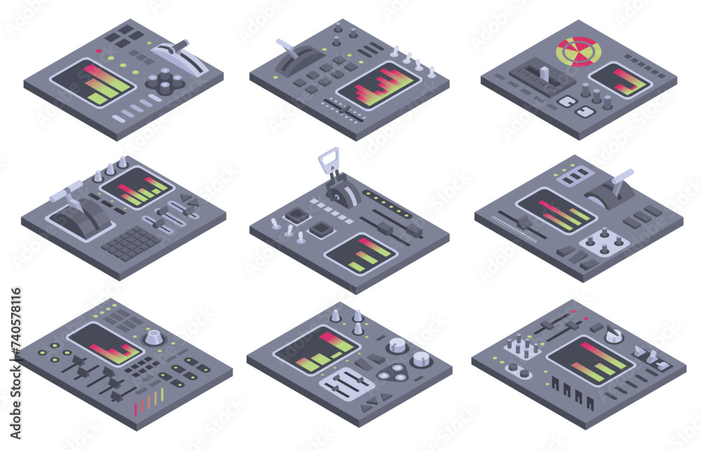 Isometric control panels spaceship with sliders, controllers, buttons ...