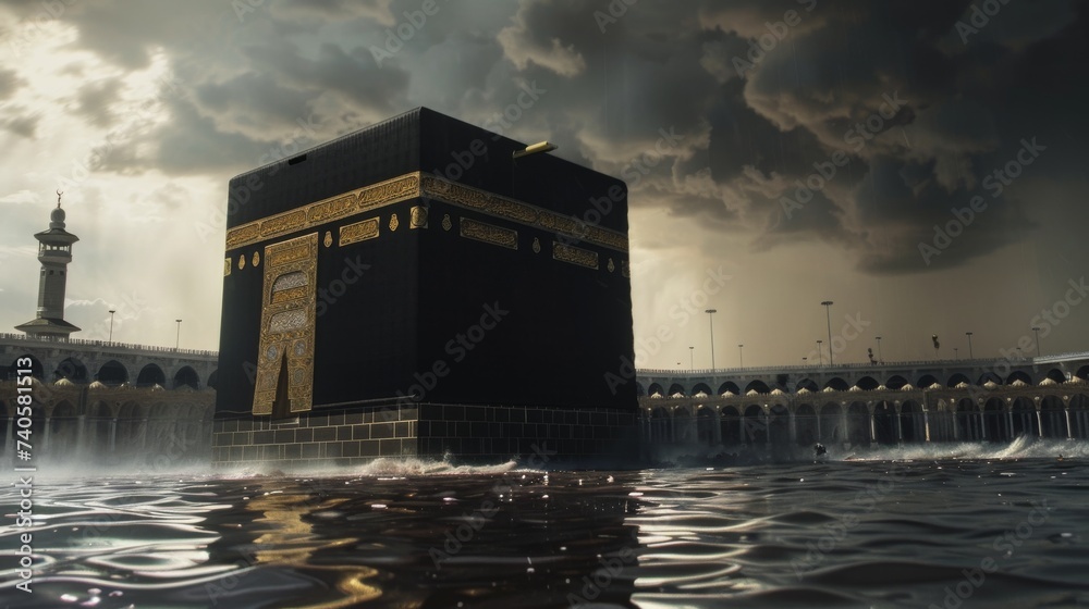 dramatic scene capturing the Kaaba amidst a storm, with dark clouds ...