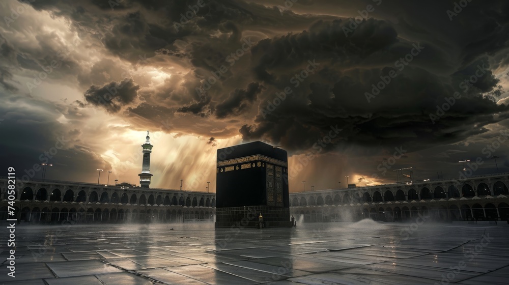 golden embroidery of the Kaaba’s Kiswa gleams against the backdrop of ...