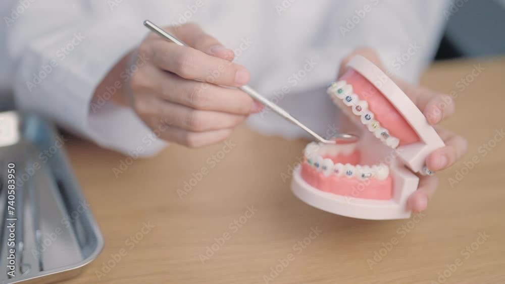 Dentist with Orthodontic tooth model and bracket or brace. Clean and ...
